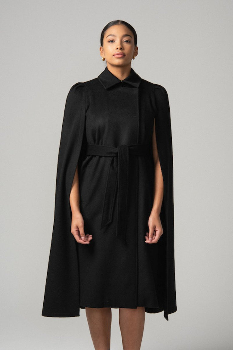 Luxury Cape - Raven Long belted cape in Black - Nina Nieves
