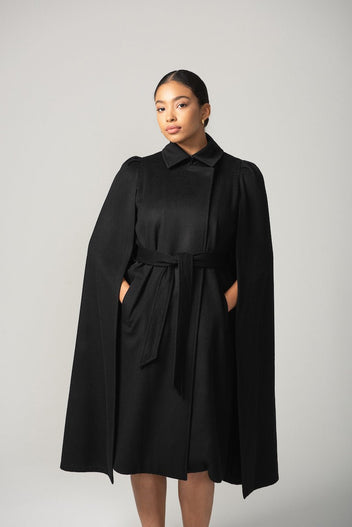 Luxury Cape - Raven Long belted cape in Black - Nina Nieves