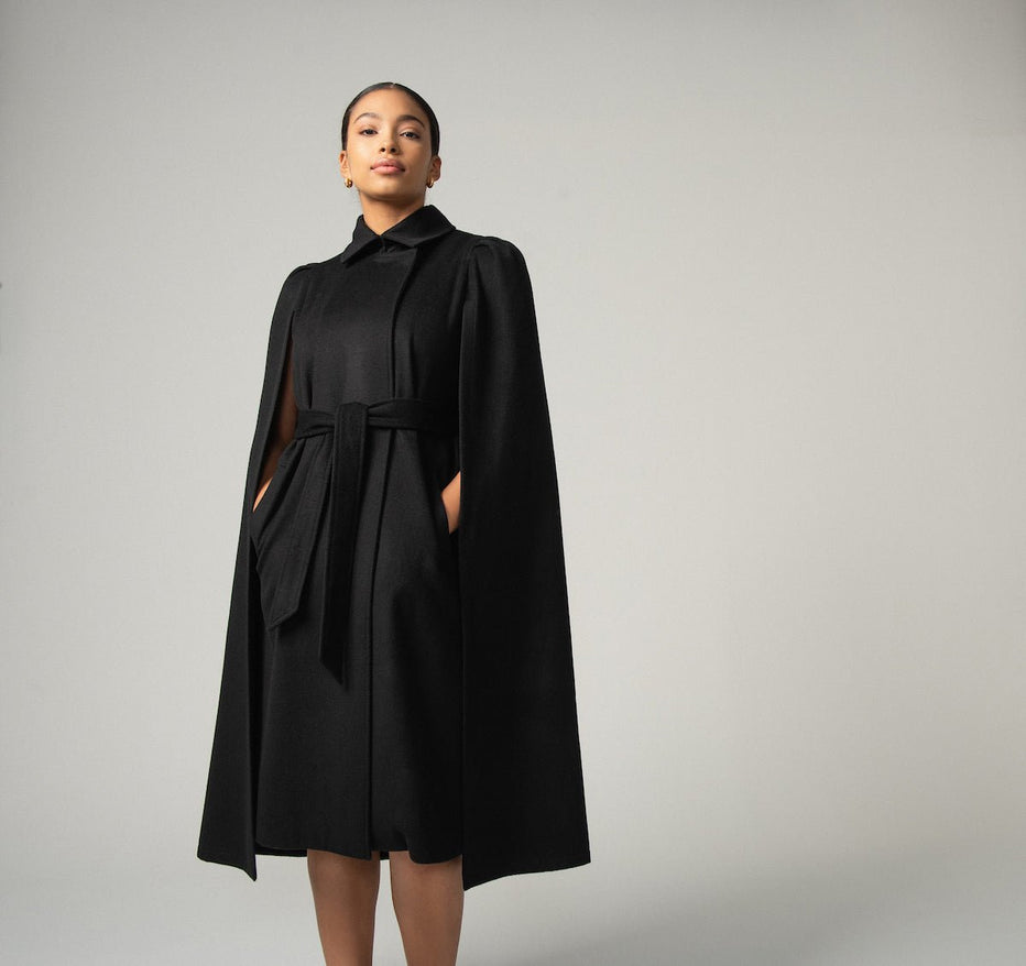 Luxury Cape - Raven Long belted cape in Black - Nina Nieves